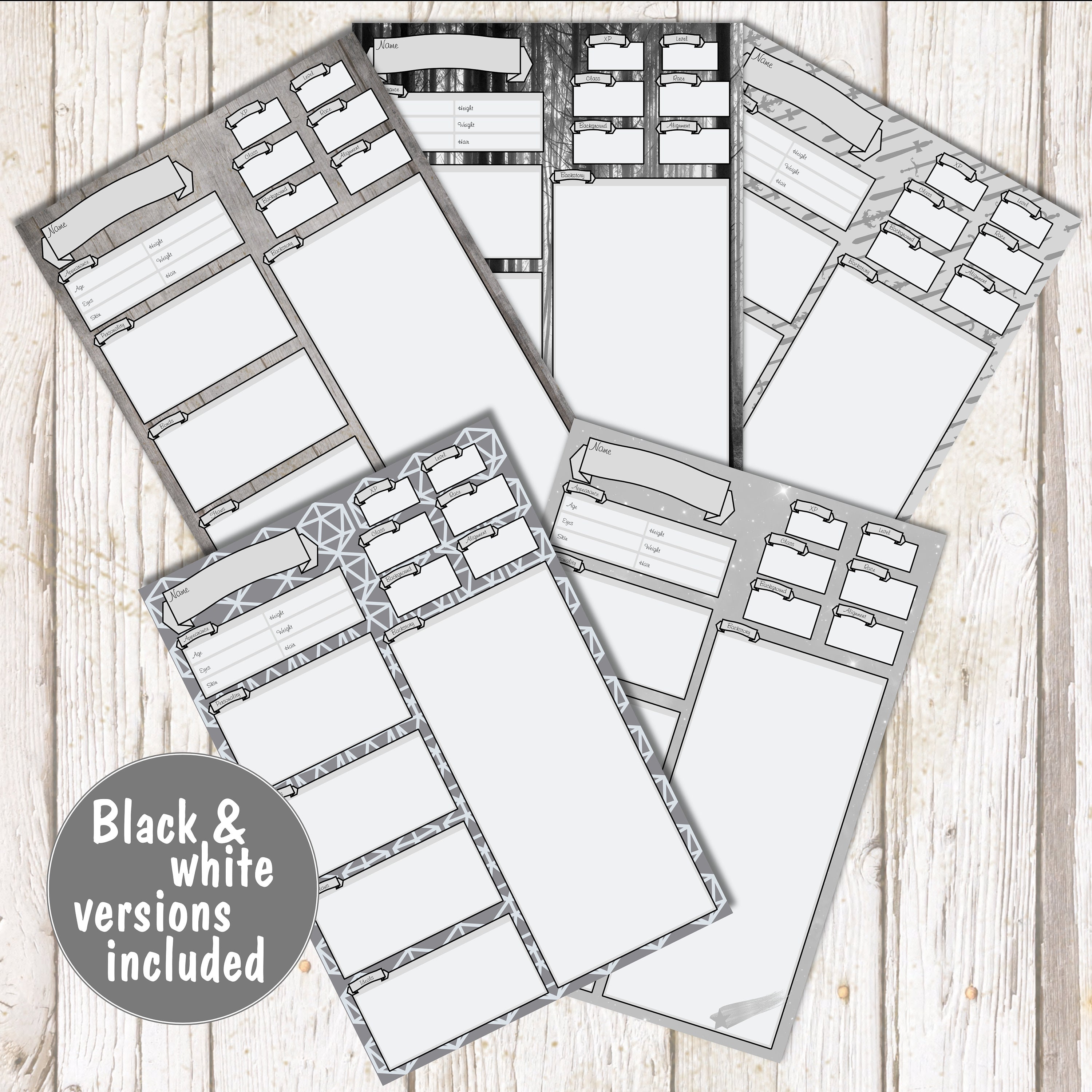 Dnd Printable Character Sheet Sets, 5 Designs Included in Both Colour ...