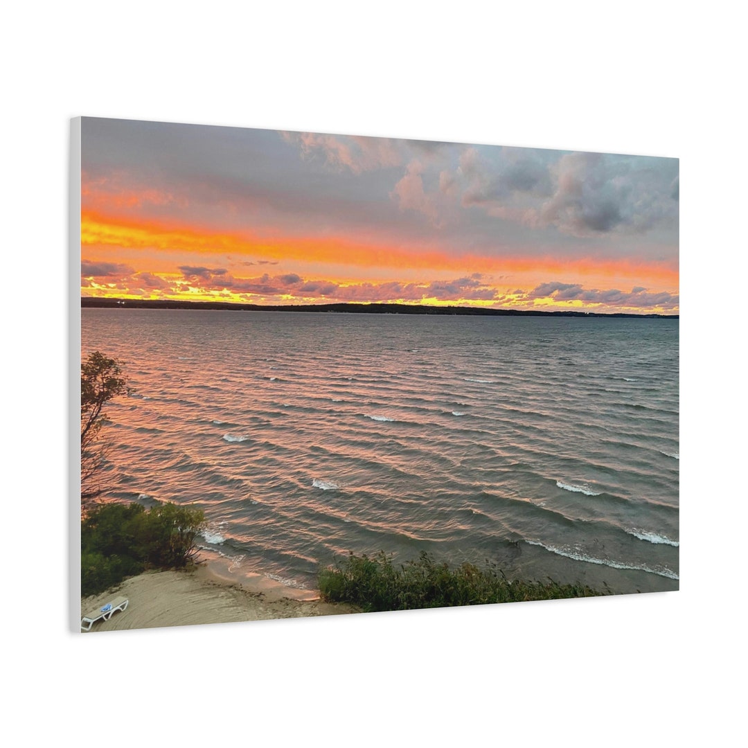 Grand Traverse Bay Sunset Traverse City Michigan Stretched Matte Canvas ...