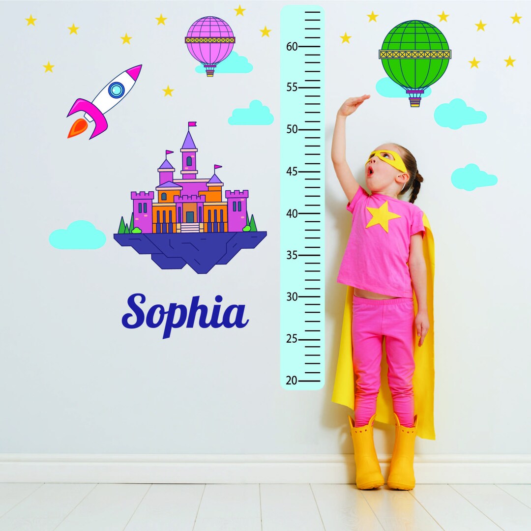 Personalised Girls Height Wall Ruler Kit With Height Chart Nursery Sticker With Girls Name and ...