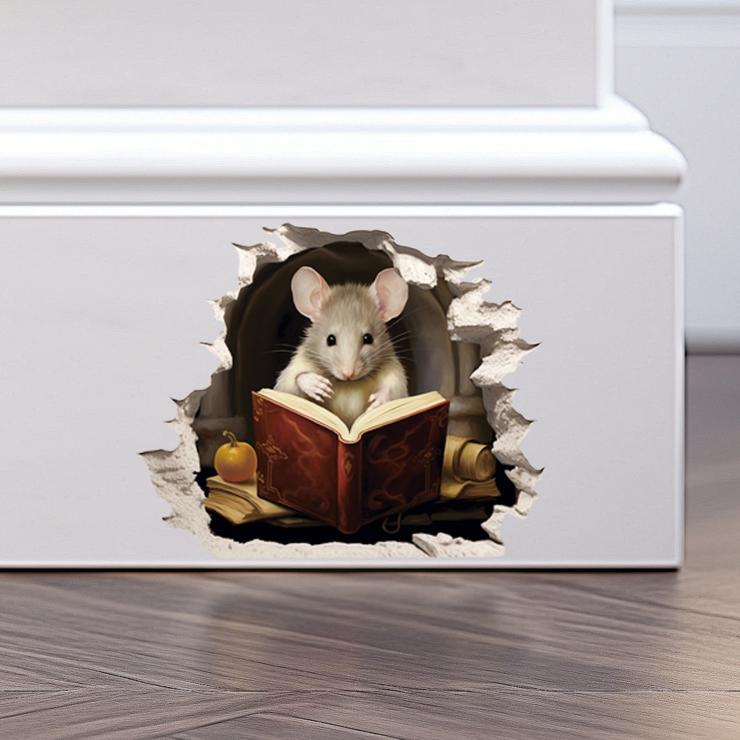 3D Mouse Hole Decal Wall Sticker of Mouse Reading Book Baseboard Mouse ...