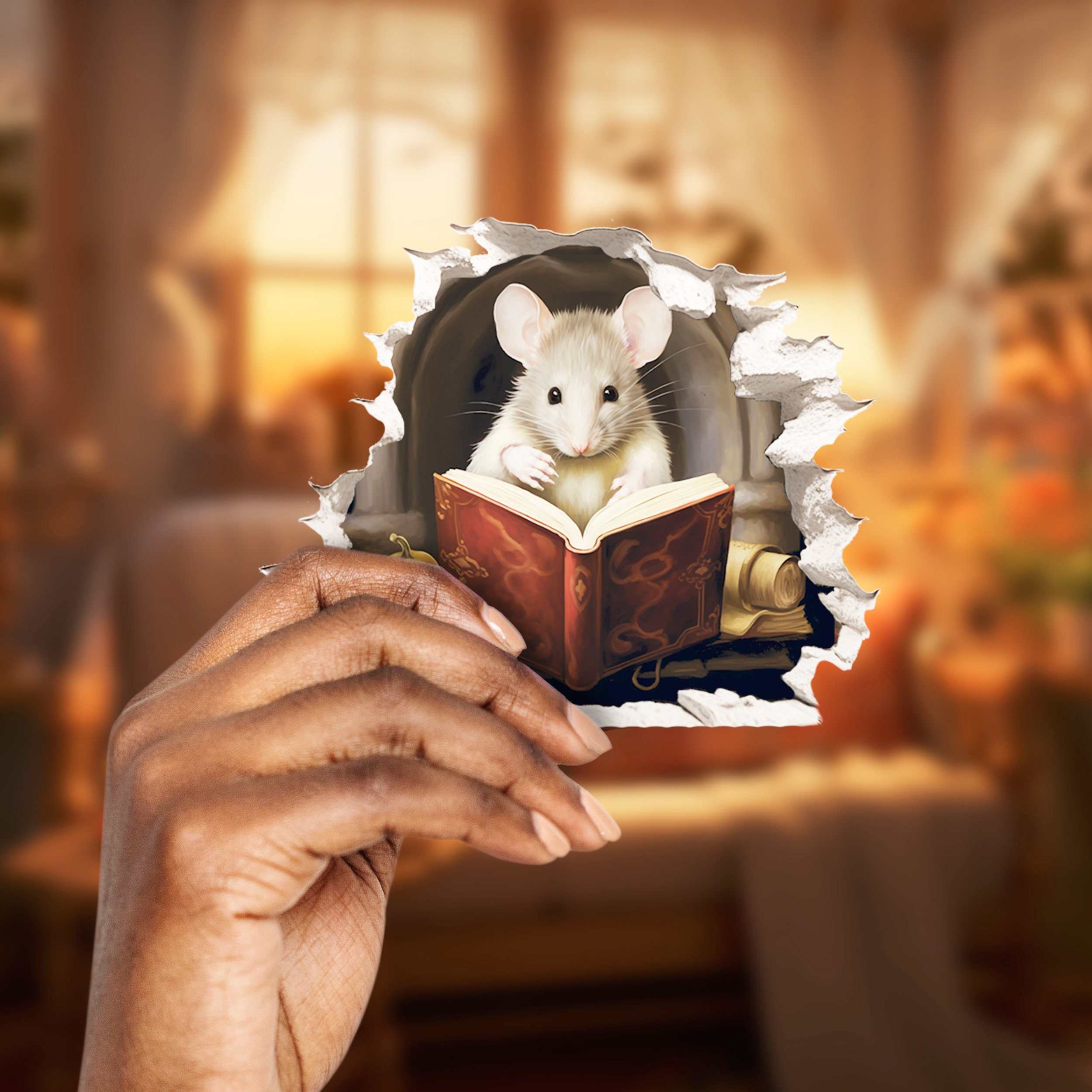 3D Mouse Hole Decal Wall Sticker of Mouse Reading Book Baseboard Mouse ...