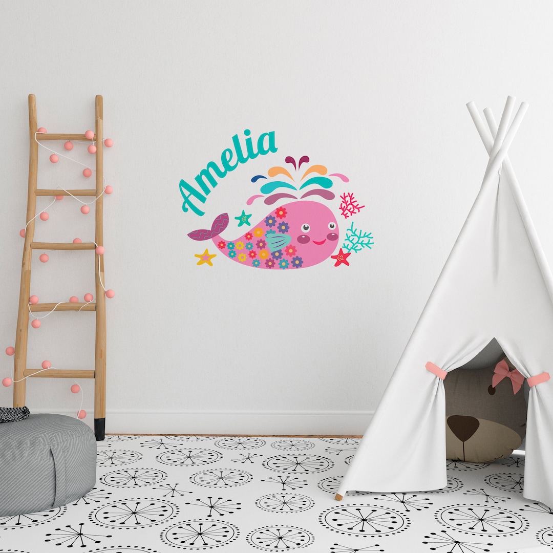 Personalized Walls Girl Name Sticker With Friendly Floral Smiling Whale ...