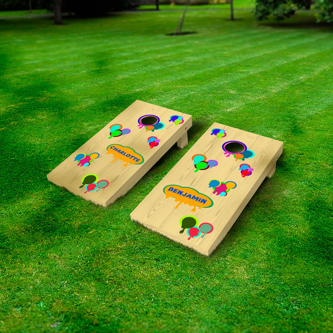Personalized Cornhole Name Decal With Colorful Spots and Drips of Paint ...