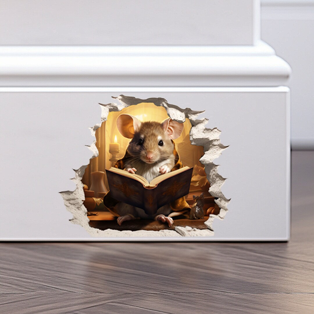 Mouse Stickers for Walls 3D Mouse Reading Book Decal Mouse Hole Wall ...