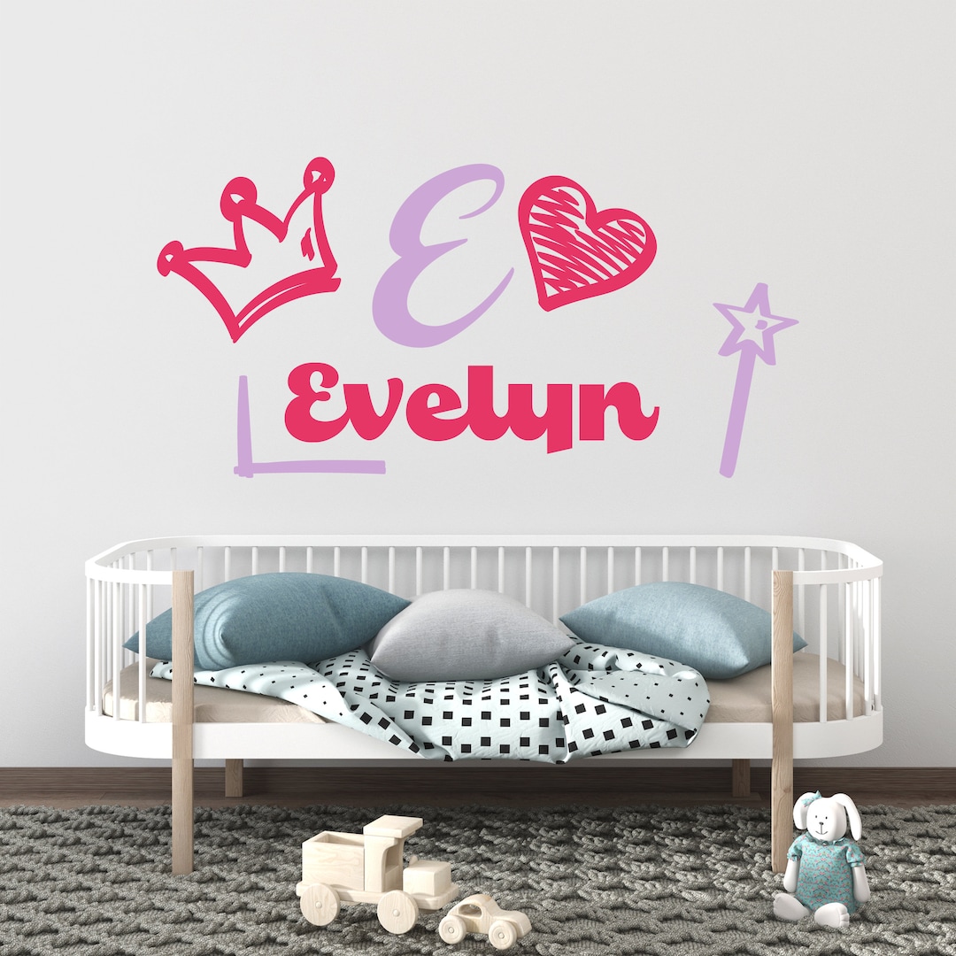 Custom Wall Lettering Name Sticker With Heart, Crown Drawing Princess ...
