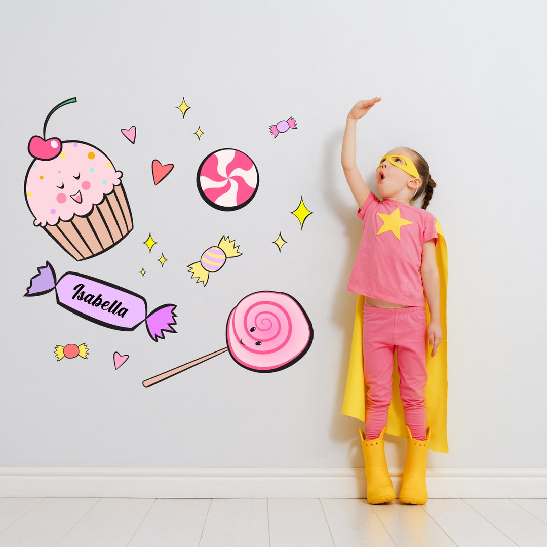 Cartoon Smiling Cupcake, Lollipop and Candys on Baby Girl Custom Name ...