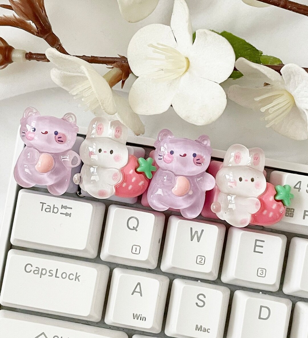 Cat and Bunny Keycap Kawaii Mechanical Keyboard Strawberry Bunny ...