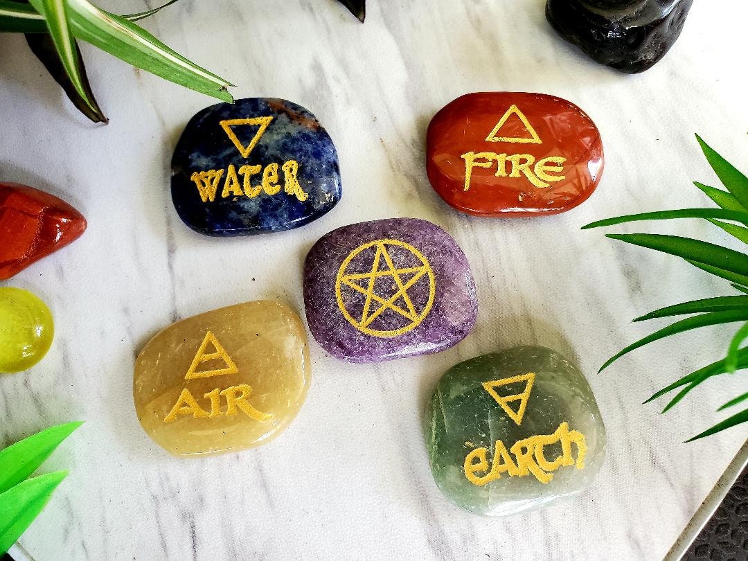 Unique Five Elements Stone Set & Pentagram Pouch, Earth, Air, Fire ...