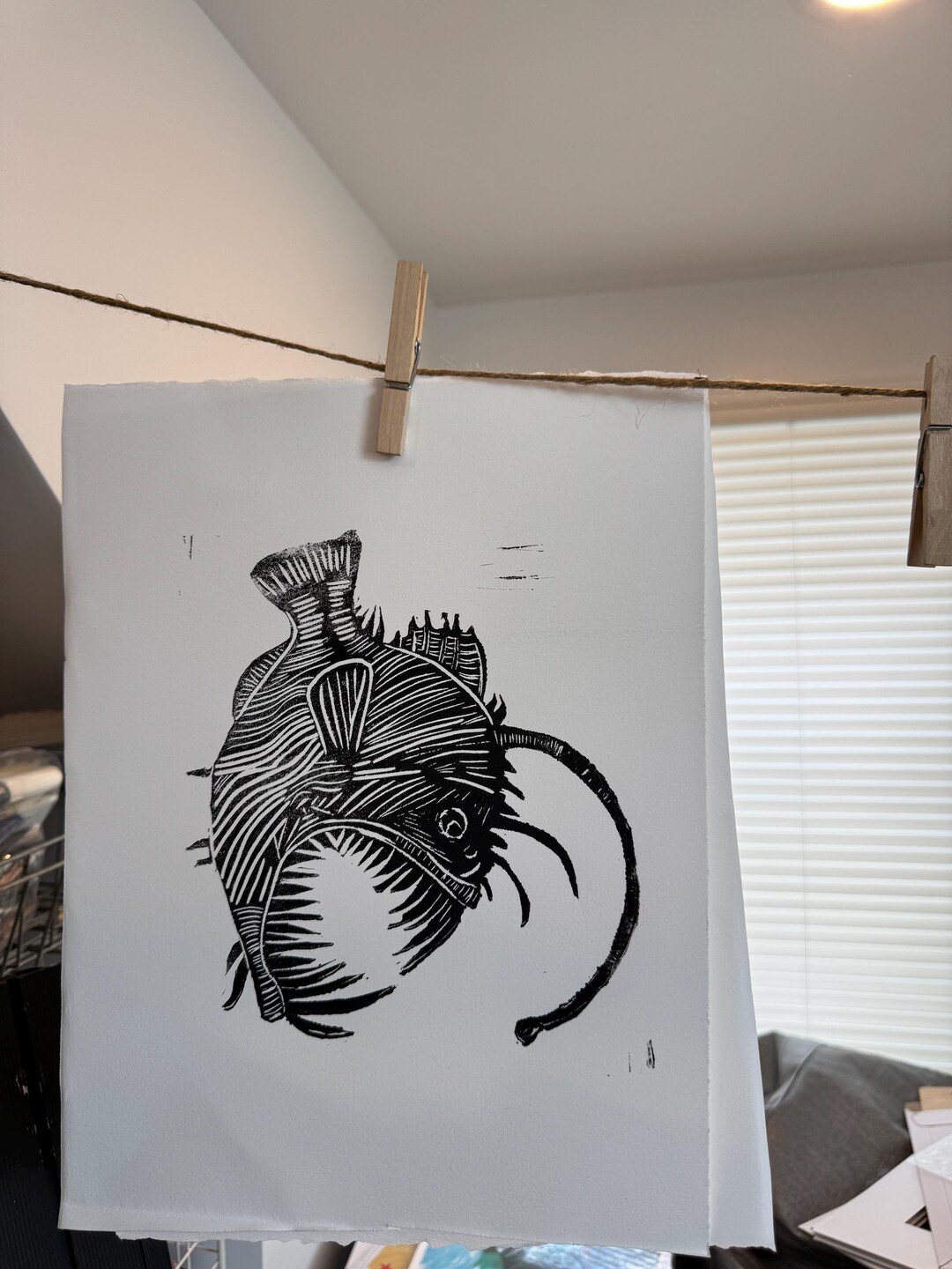 Large Angler Fish Linoleum Block Print Hand Printed - Etsy