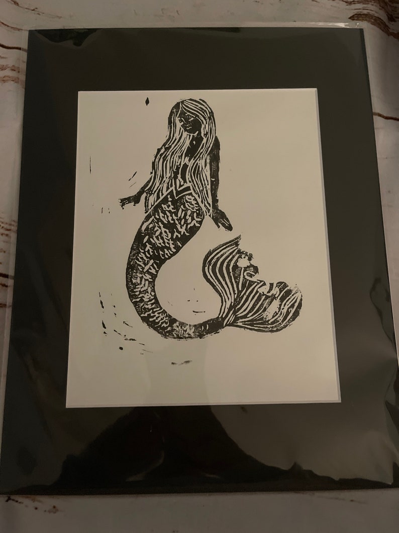 Mermaid Linoleum Block Print Gift Fine Art - Etsy