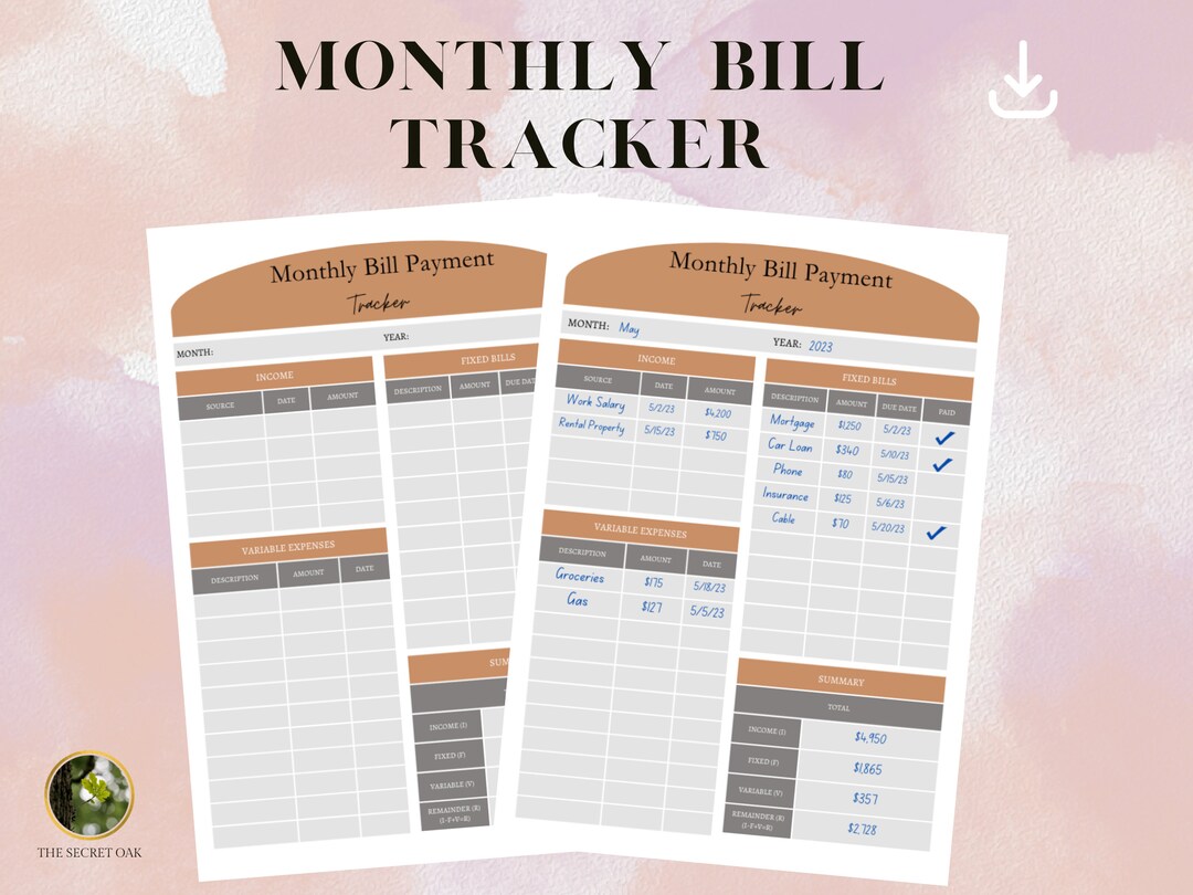 Monthly Bill Tracker, Monthly Bill Payment Tracker, Finance, Bill ...