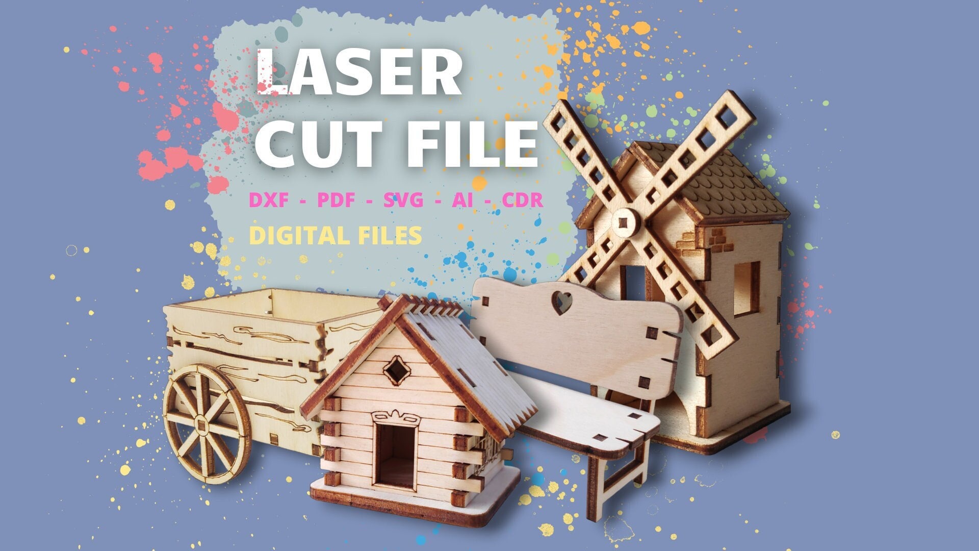 Plywood Miniatures Windmill Cart Bench Cottage 3mm Digital Files Dxf ...