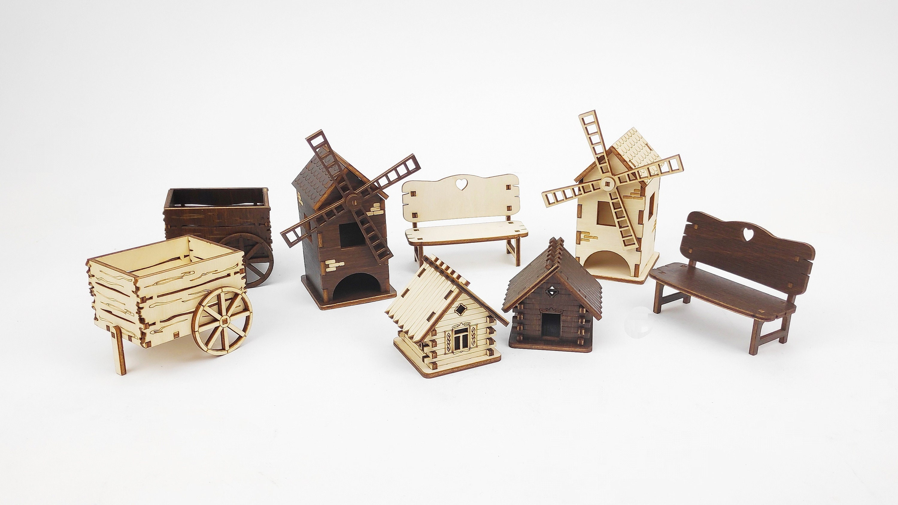 Plywood Miniatures Windmill Cart Bench Cottage 3mm Digital Files Dxf ...