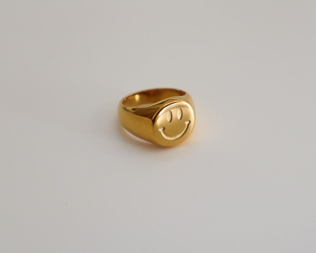 18K Gold Smiley Face Ring, Minimalist Waterproof Tarnish Rings , Gold ...