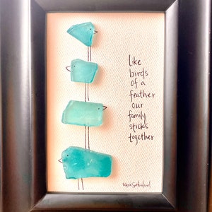 Framed Sea Glass Art, Bird Family Art, Handmade Sea Glass Decor, Bird ...