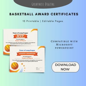 10 Editable Basketball Award Certificates - Etsy