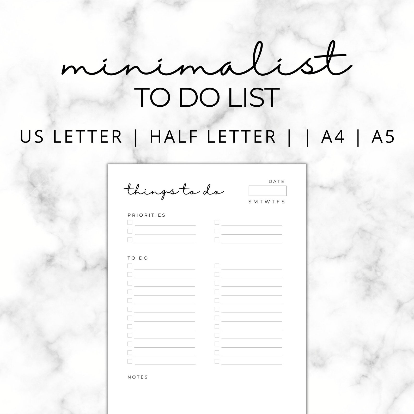 Minimalist to Do List - Printable PDF - Letter - Half Letter - A4 - A5 ...