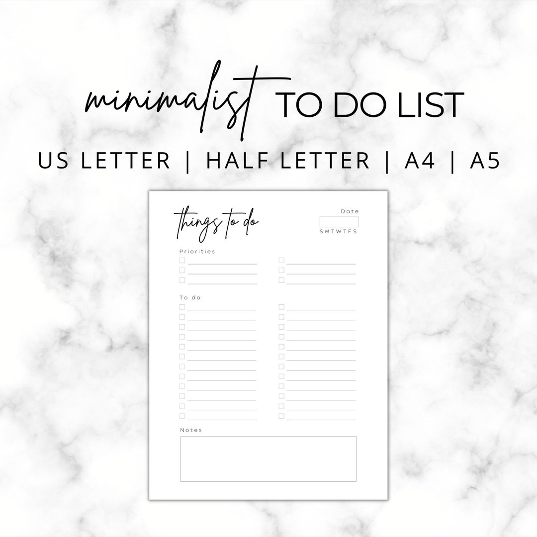 Printable Minimalist to Do List - Letter - Half Letter - A4 - A5 - PDF ...