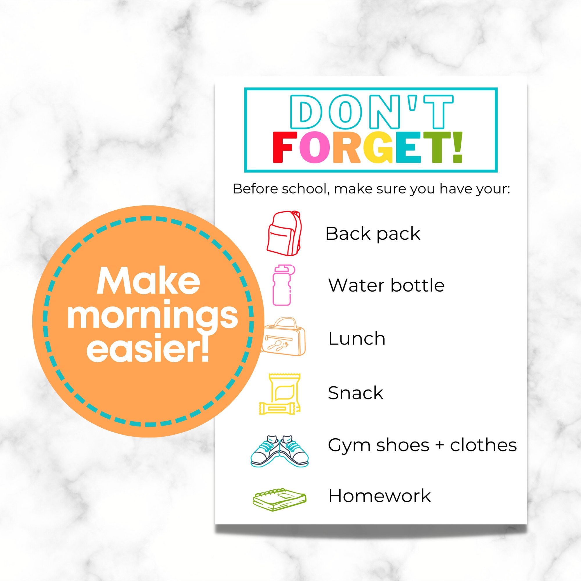 Printable Before School Reminder Chart for Kids - PDF - Colorful ...