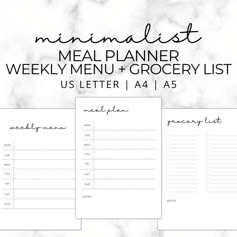 Minimalist Printable Weekly Meal Planner With Weekly Menu and Grocery ...
