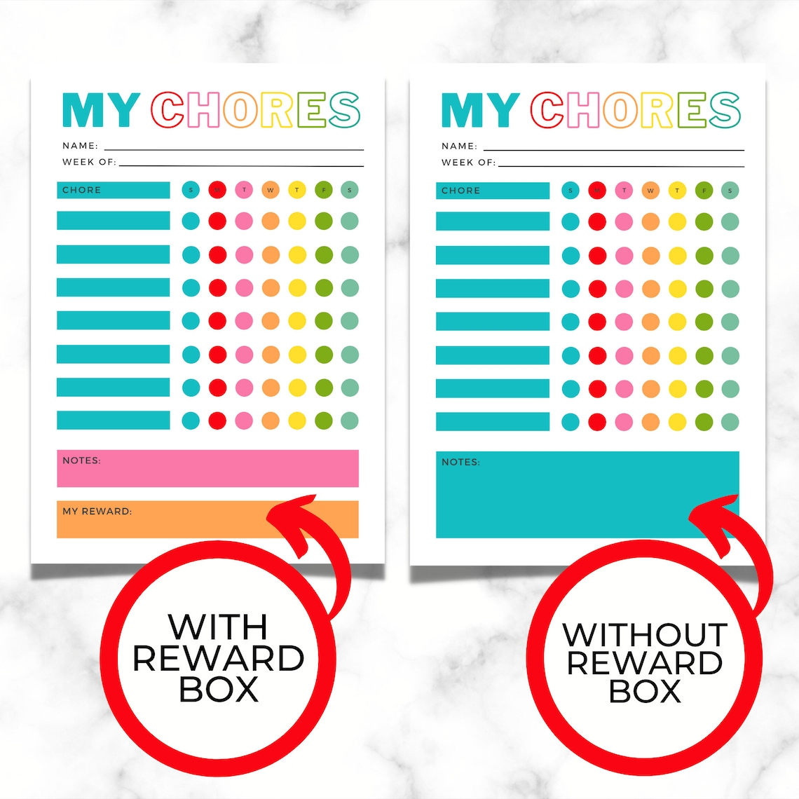 Kids Chore Chart With and Without Reward Box - PDF - Printable Daily ...