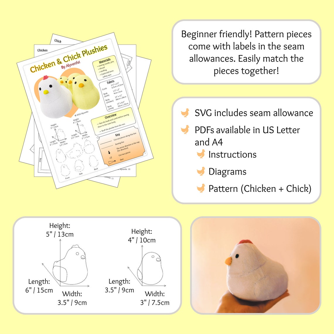 Chicken Plushie Sewing Pattern PDF SVG With Bonus Chick | Etsy