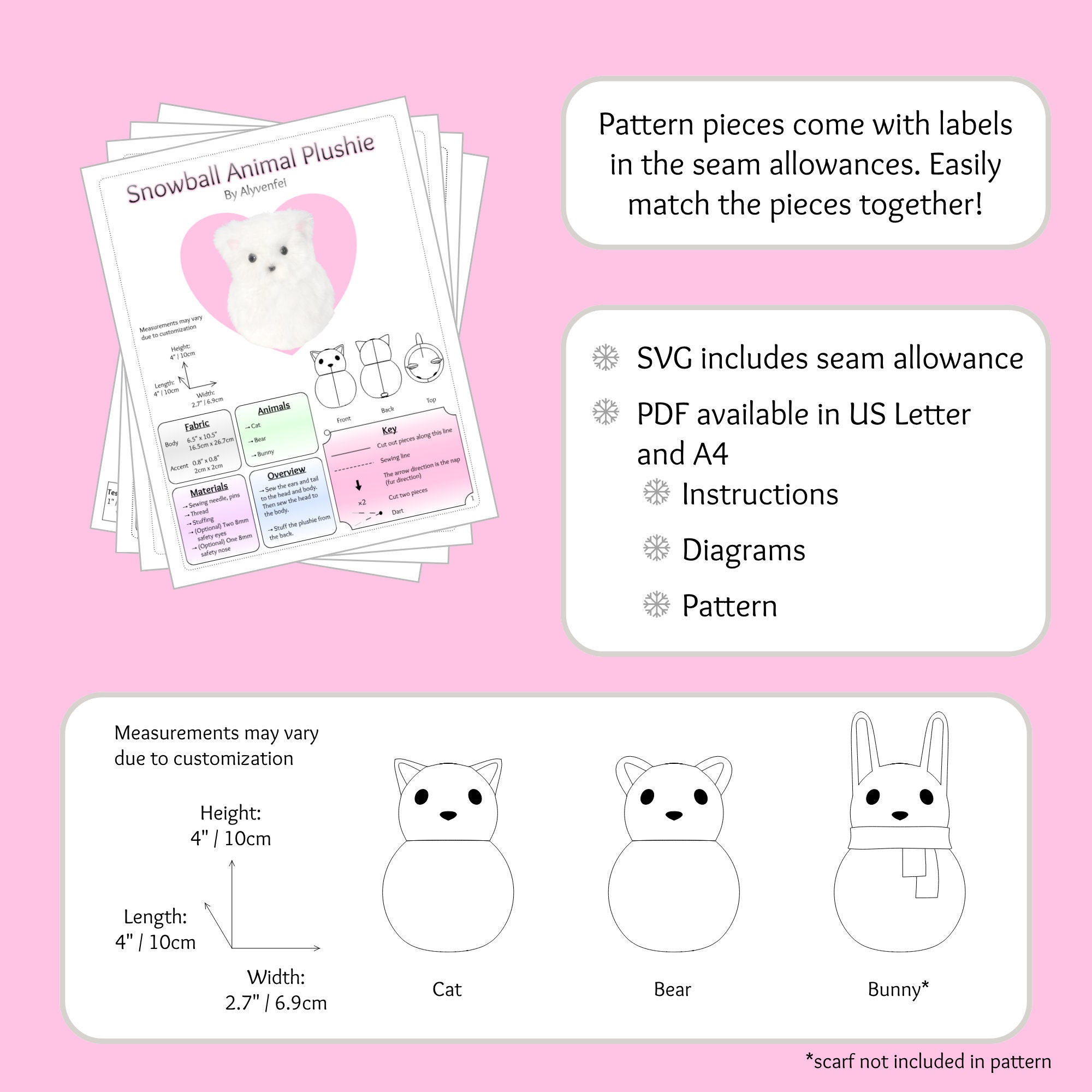 Snowball Animal Plushie Sewing Pattern (PDF, SVG) and Instructions ~ 3 ...