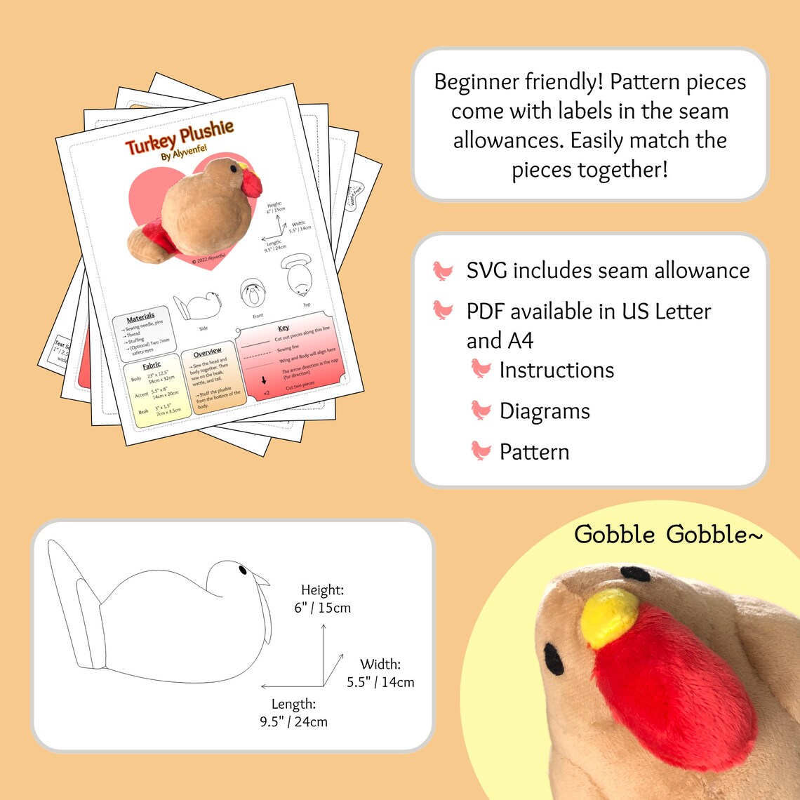 Turkey Plushie Sewing Pattern PDF SVG and Instructions - Etsy