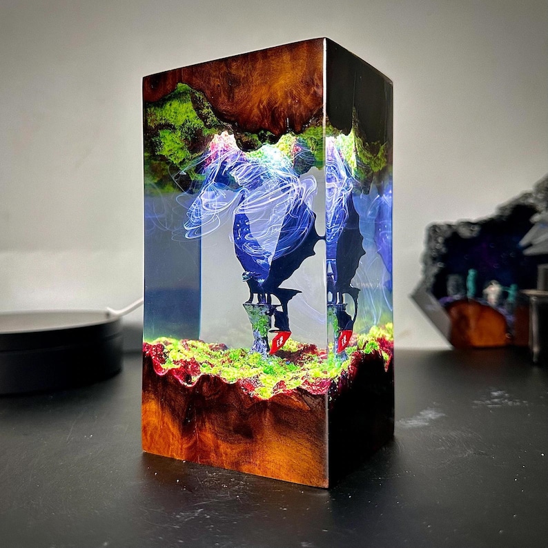 Toothless Resin Dragon Lamp - Blue Smoke Effect With Wood Base - Etsy
