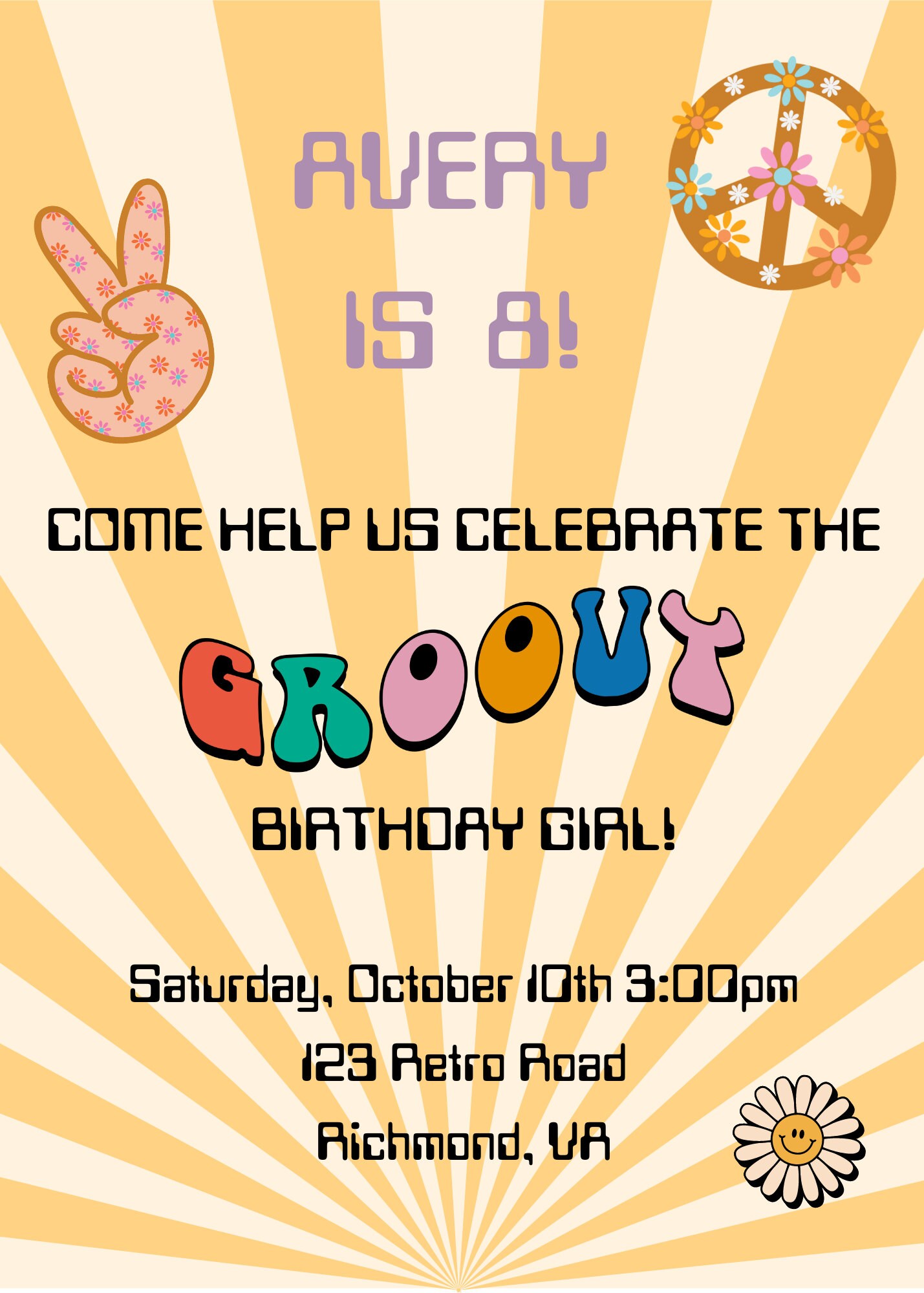 Groovy Birthday Invitation, Kid Birthday Invite, 70s Birthday Party ...