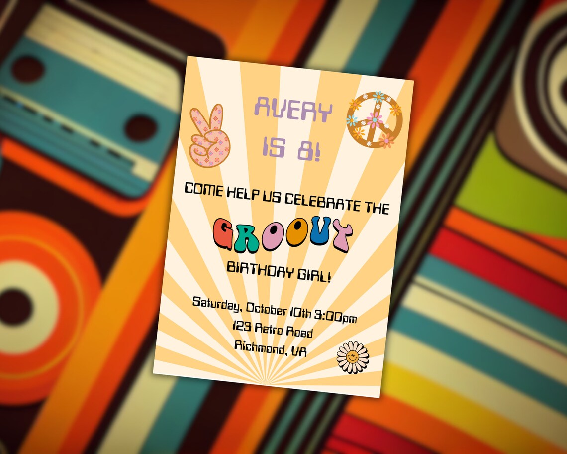 Groovy Birthday Invitation, Kid Birthday Invite, 70s Birthday Party ...
