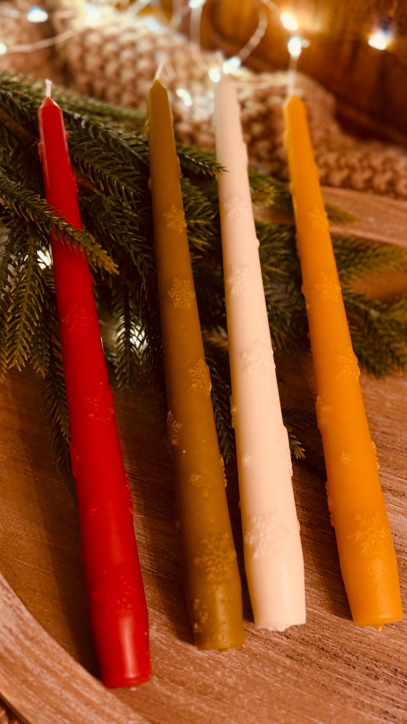 Handmade Beeswax Taper Candle With Embossed Snowflakes | Christmas ...