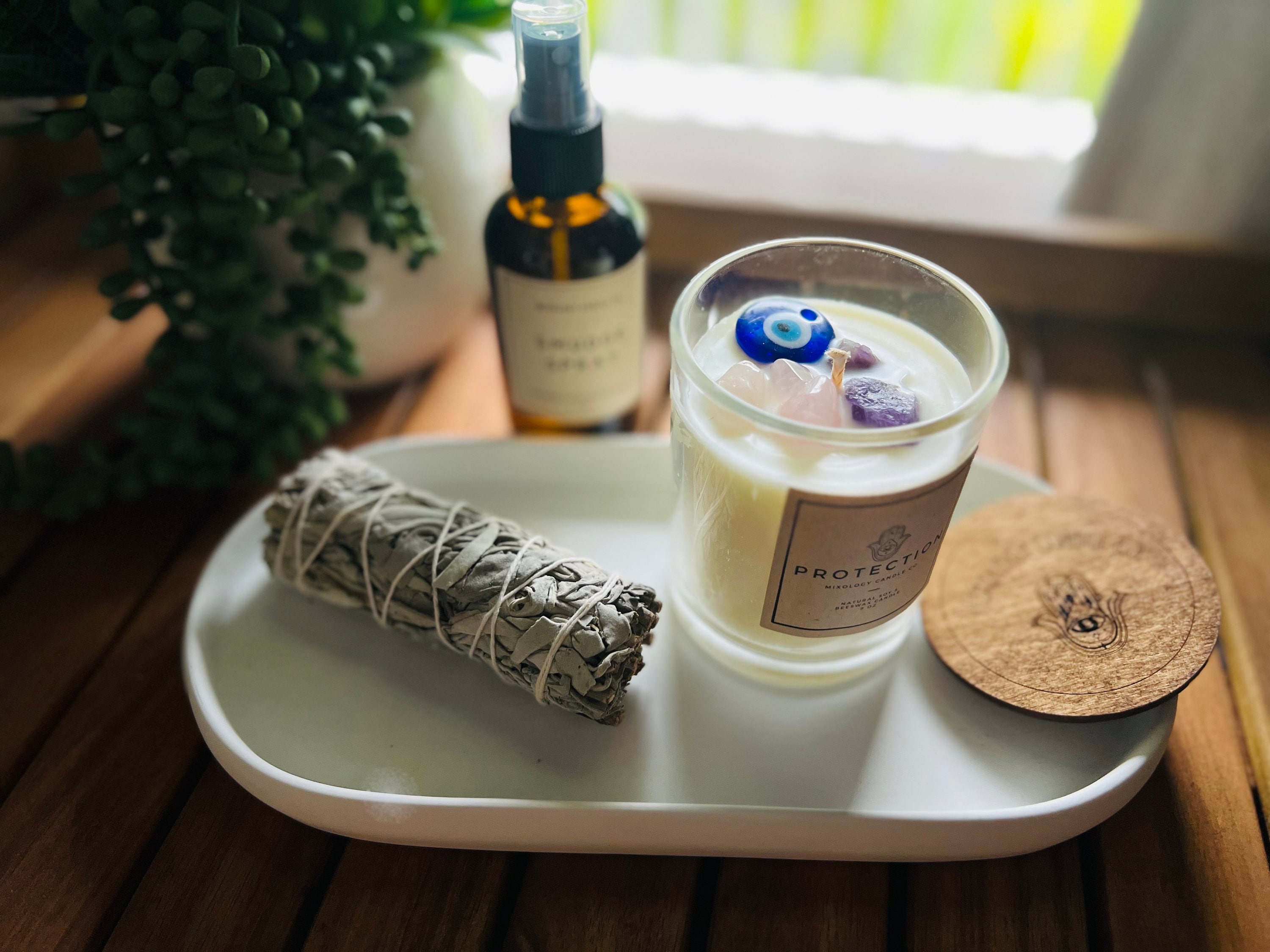 Handmade Sage Smudge Kit: Evil Eye Candle & Cleansing Spray - Etsy