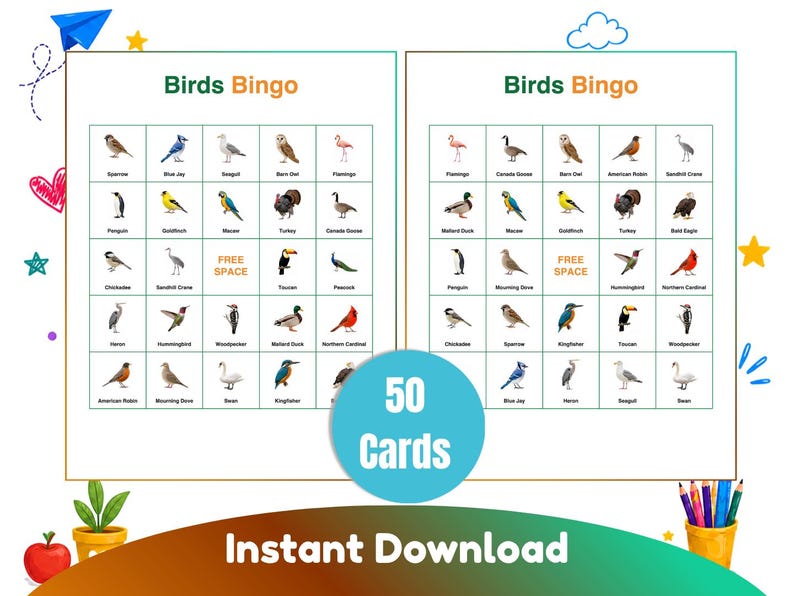 Birds Bingo Game Printable for Kids | Nature Learning Activity| 50 Bird ...