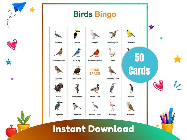 Birds Bingo Game Printable for Kids | Nature Learning Activity| 50 Bird ...
