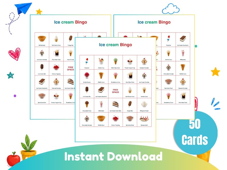 Ice Cream Bingo Game Printable for Kids With 50 Bingo Cards & Calling ...