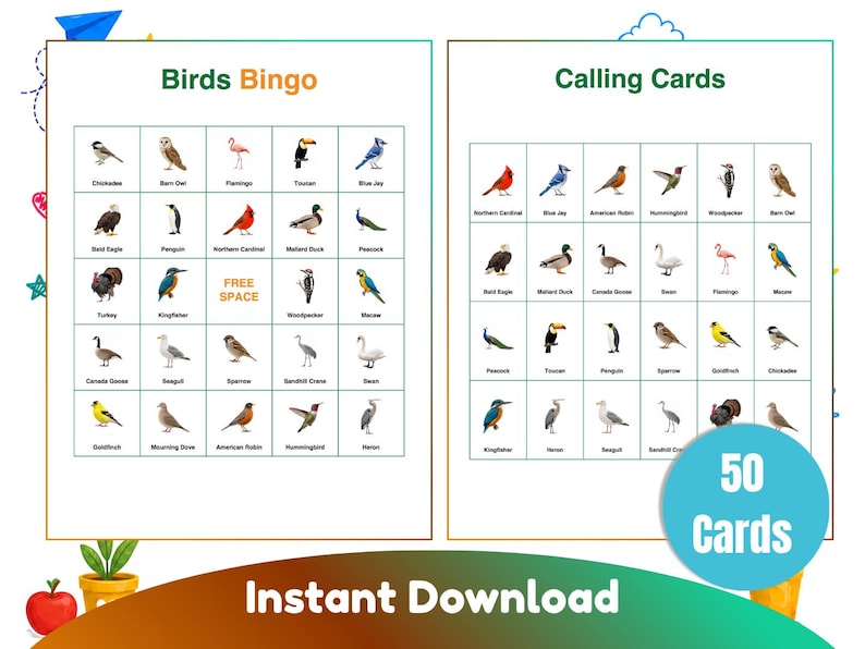 Birds Bingo Game Printable for Kids | Nature Learning Activity| 50 Bird ...