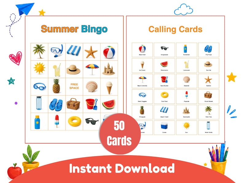 Summer Bingo Game Printable for Kids With 50 Bingo Cards & Calling ...