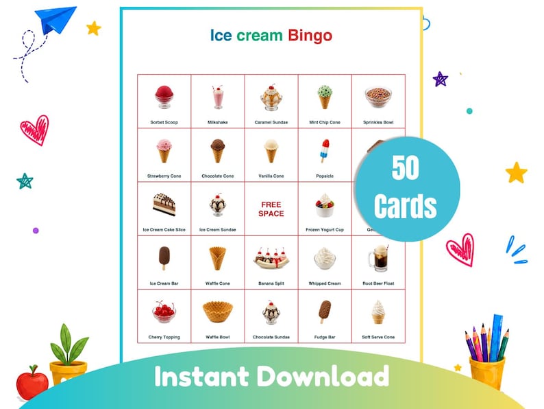 Ice Cream Bingo Game Printable for Kids With 50 Bingo Cards & Calling ...