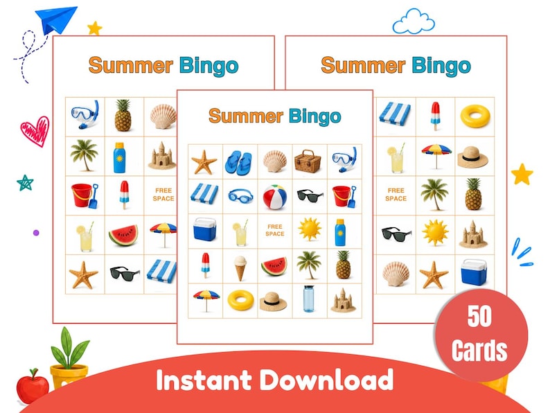 Summer Bingo Game Printable for Kids With 50 Bingo Cards & Calling ...