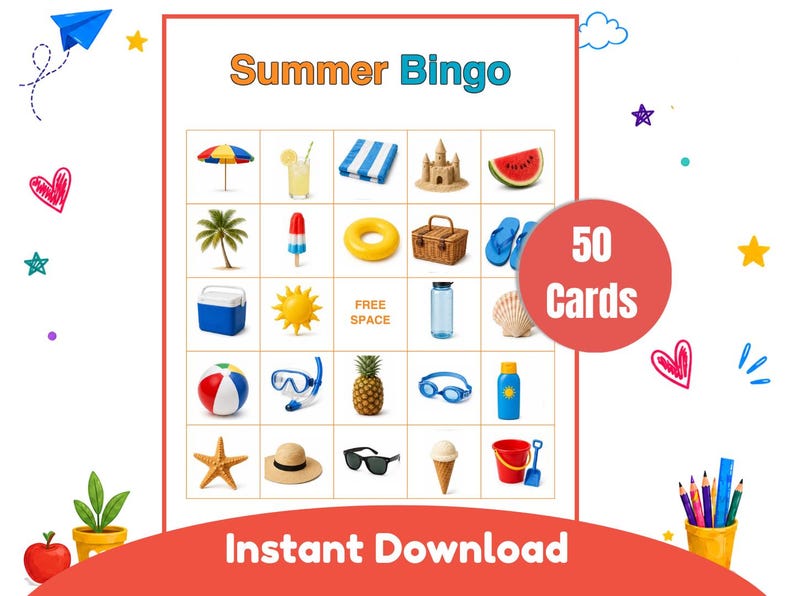 Summer Bingo Game Printable for Kids With 50 Bingo Cards & Calling ...
