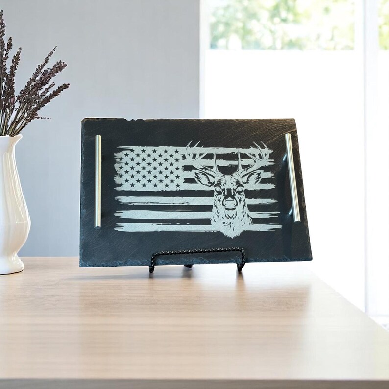 Slate American Flag Deer Design Wall Decor Serving Tray Display Stand ...