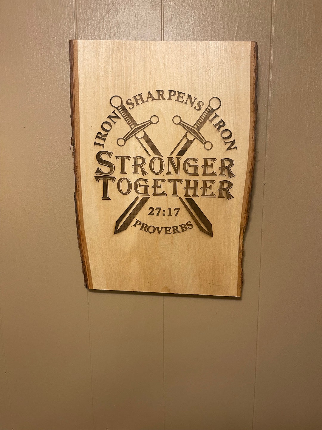 Natural Wood Engraved Home Decor Iron Sharpens Iron Wall Design Two Are ...