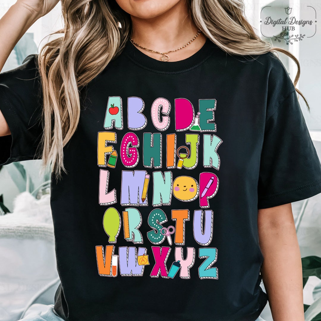 Colorful Alphabet Shirt, ABC Shirt, Pre-k Teacher Shirt, Teacher Shirt ...