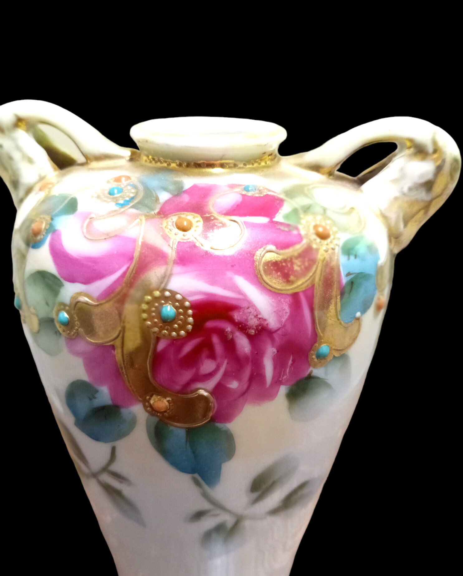 ANTIQUE Early 1900s Nippon Handpainted Beaded Gold Gilt Vase 9 Raised ...