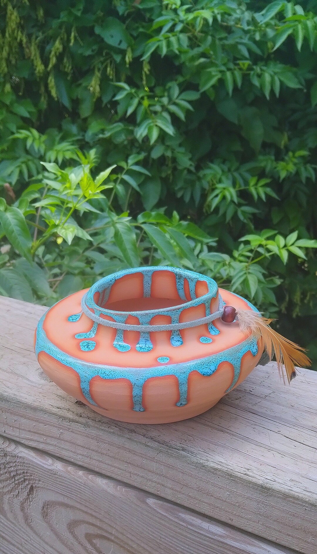 Native American Pottery Feather Feature Drip Glaze Handpainted Signed ...