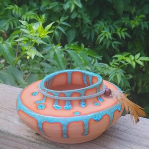 Native American Pottery Feather Feature Drip Glaze Handpainted Signed ...