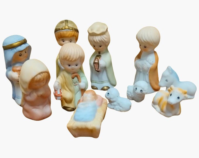 Vintage Christmas Nativity Set Bisque Porcelain 11 Pieces Original Box ...