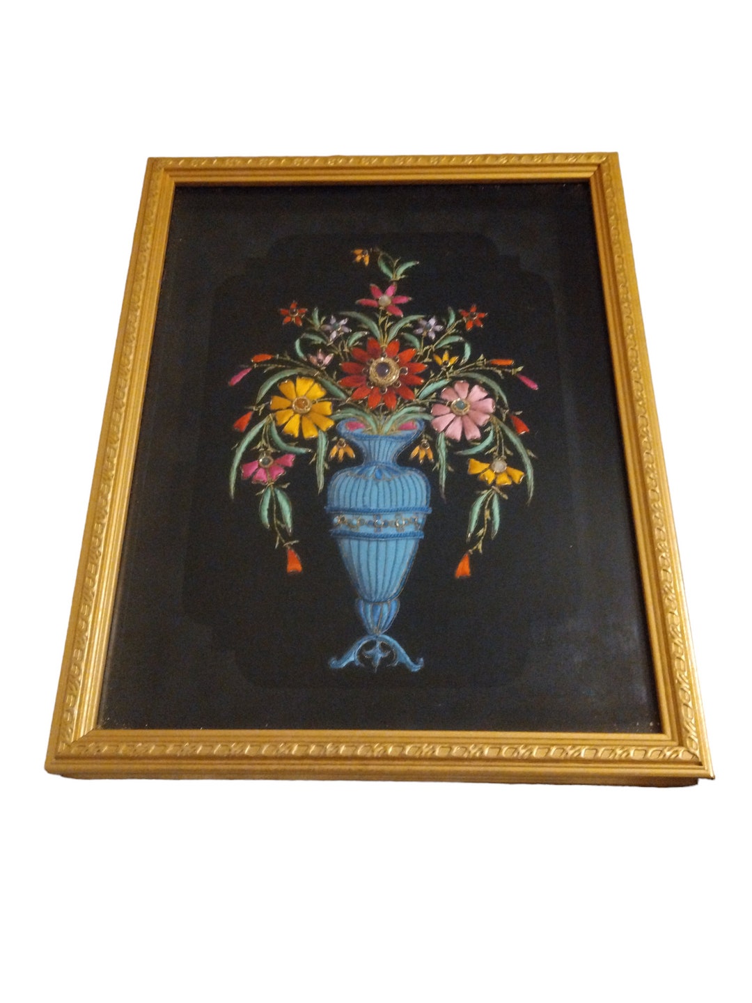 Vintage Hand Embroidered Victorian Style Silk Artwork Framed Shadowbox ...