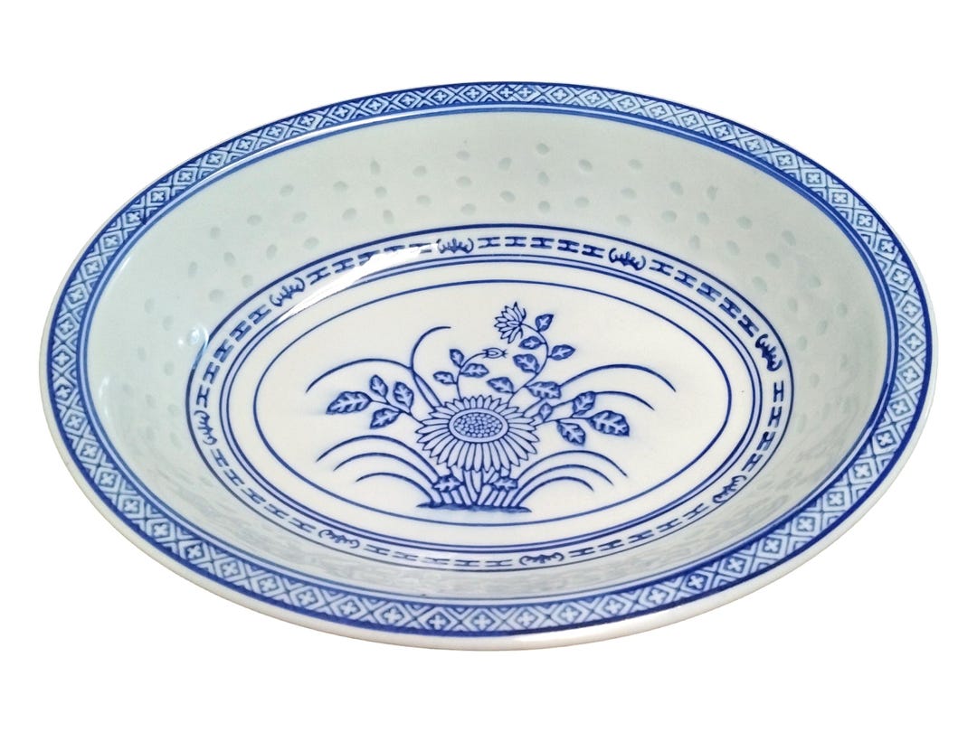 Vintage Blue and White Rice Linglong Bowl With Central Chrysanthemum ...